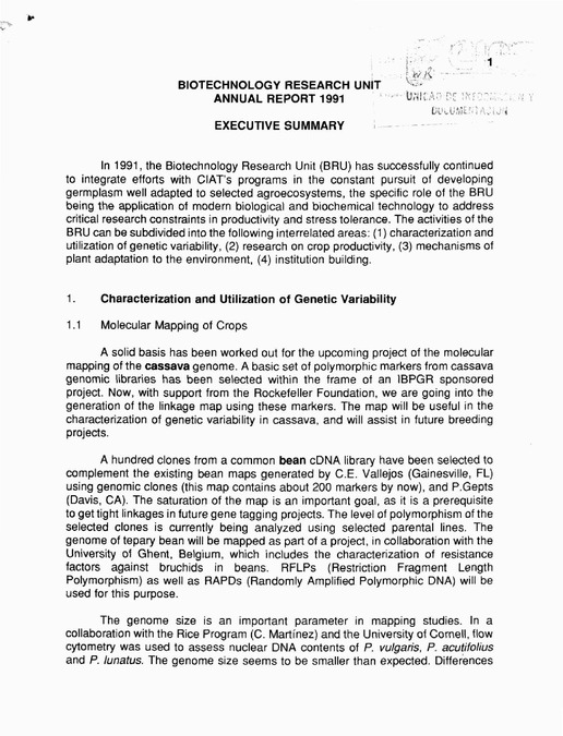 Biotechnology Research Unit Executive Summary Annual Report 1991 ...