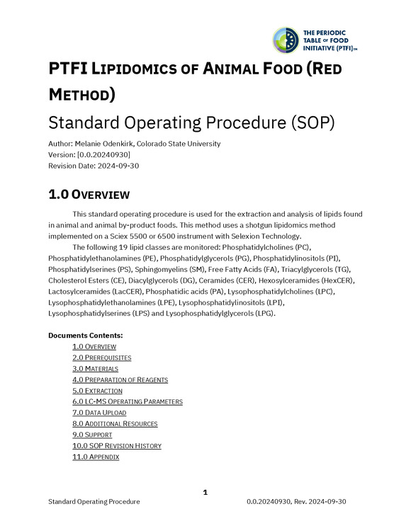 PTFI Lipidomics of Animal Food (Red method): Standard Operating ...