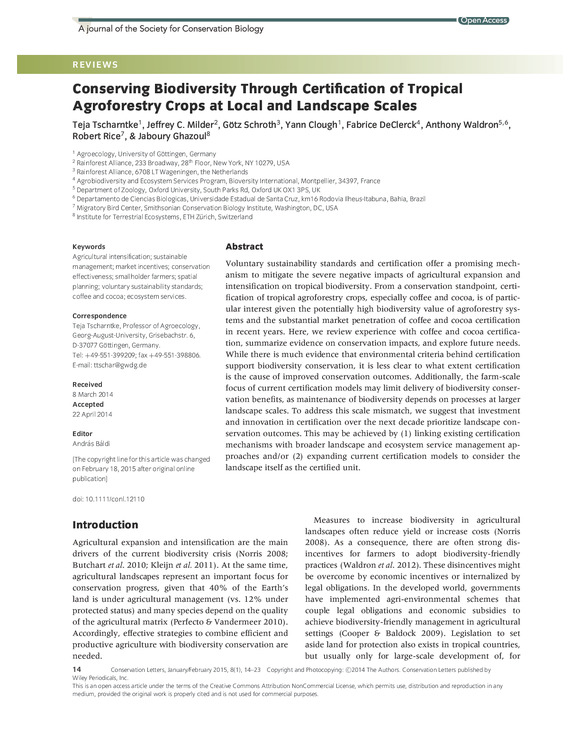 Conserving biodiversity through certification of tropical agroforestry ...