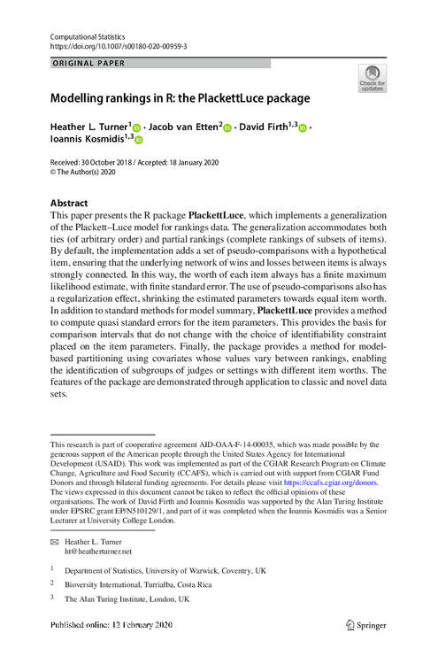 Modelling rankings in R: the PlackettLuce package