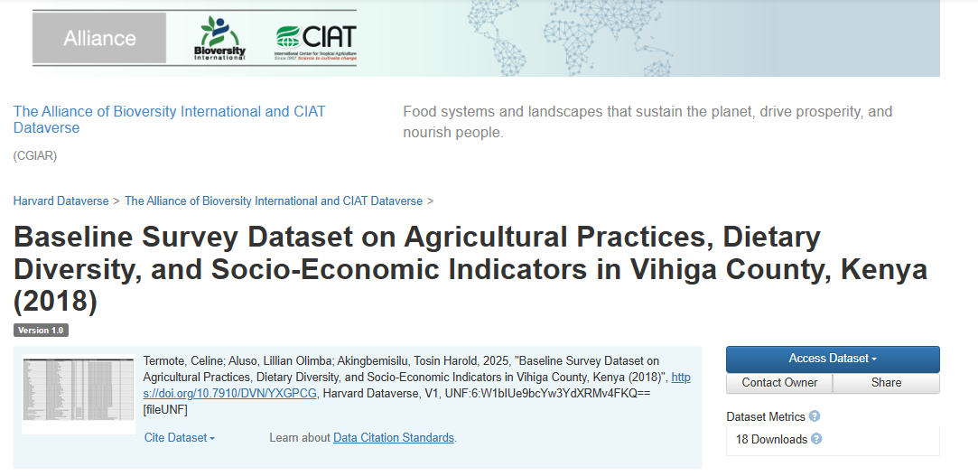 Baseline Survey Dataset on Agricultural Practices, Dietary Diversity ...